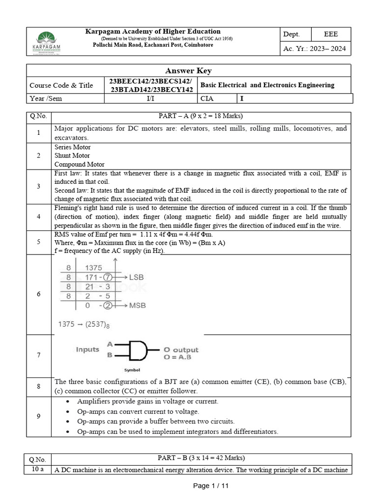 Basic Electrical Engineering Answer Key | PDF | Bipolar Junction ...