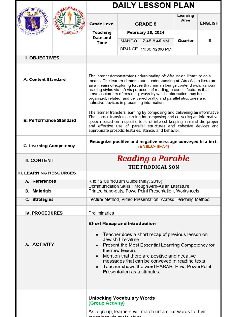 CO1 LESSON PLAN FORMAL | PDF | Learning | Lesson Plan