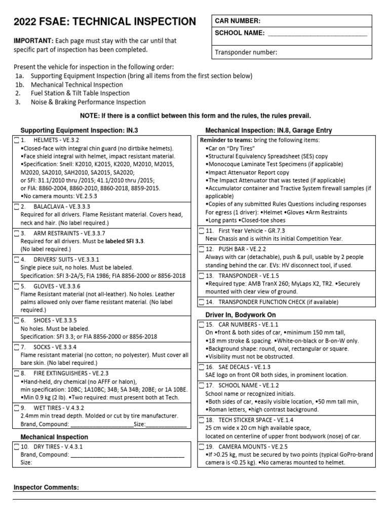 2022 FSAE Technical Inspection Guide | PDF