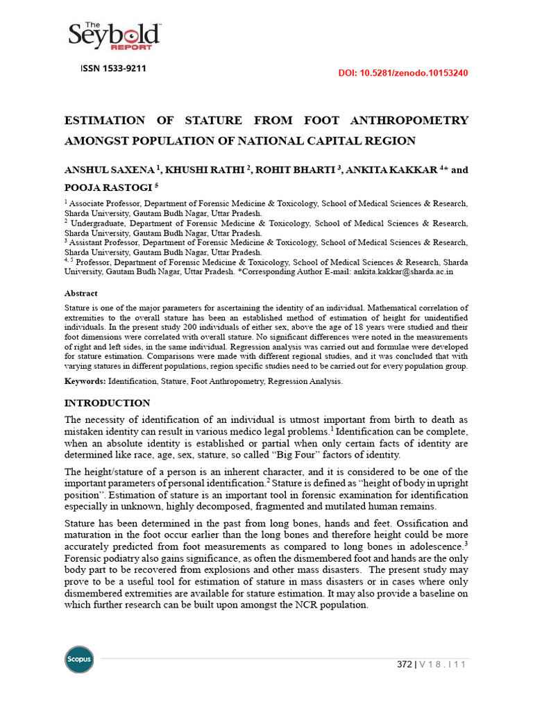 Estimation of Stature From Foot Anthropometry Amongst Population of ...
