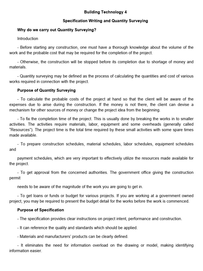 Building Technology 4 Specification Writing and Quantity Surveying Why Do We Carry Out Quantity ...