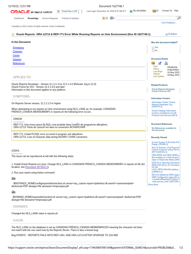 Document 1627746.1 | PDF | Pl/Sql | Oracle Corporation