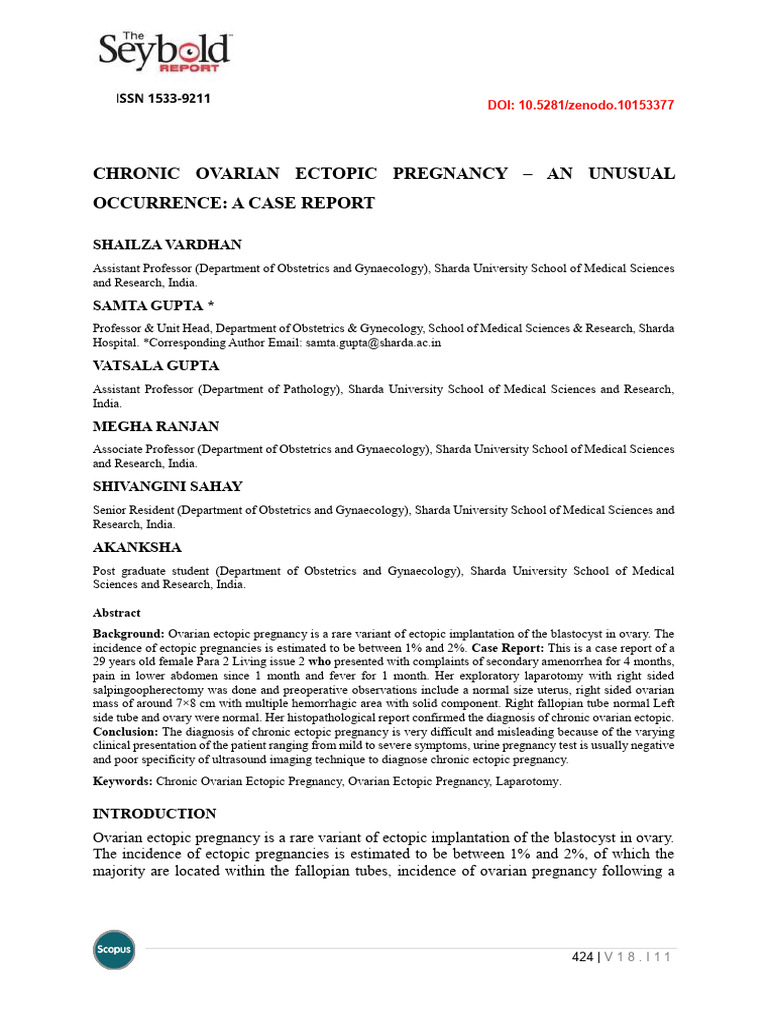 Chronic Ovarian Ectopic Pregnancy - An Unusual Occurrence: A Case Report | PDF | Ovarian Cancer ...