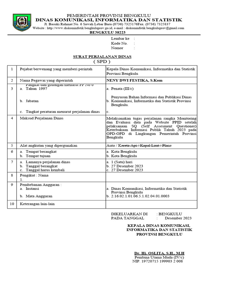 Surat Perjalanan Dinas (SPD) 2024 | PDF