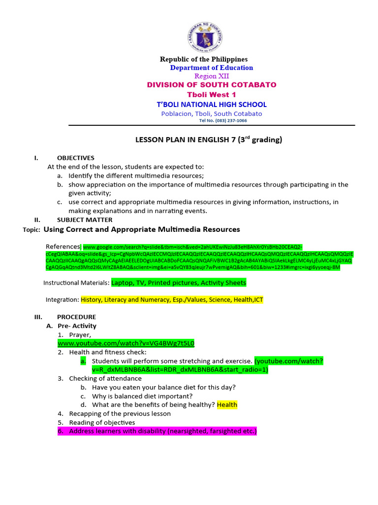 Multimedia Lesson Plan for English 7 | PDF | Multimedia | Microsoft ...