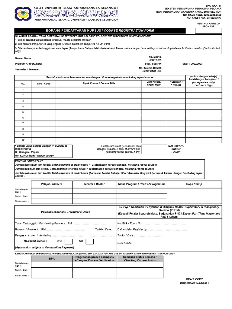 Bpa - Aka - 11 Borang Pendaftaran Kursus (Sesi II 2022-2023) | Download ...