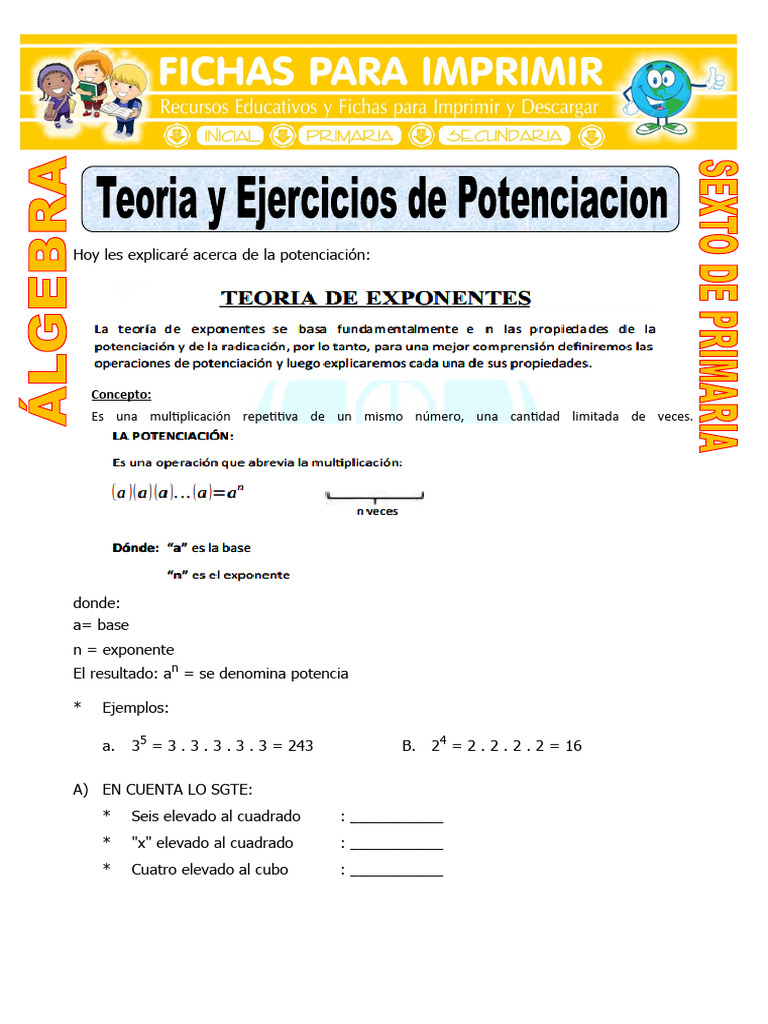 Teoria-y-Ejercicios-de-Potenciacion-para-Sexto-de-Primaria | PDF | Exponenciación | Multiplicación