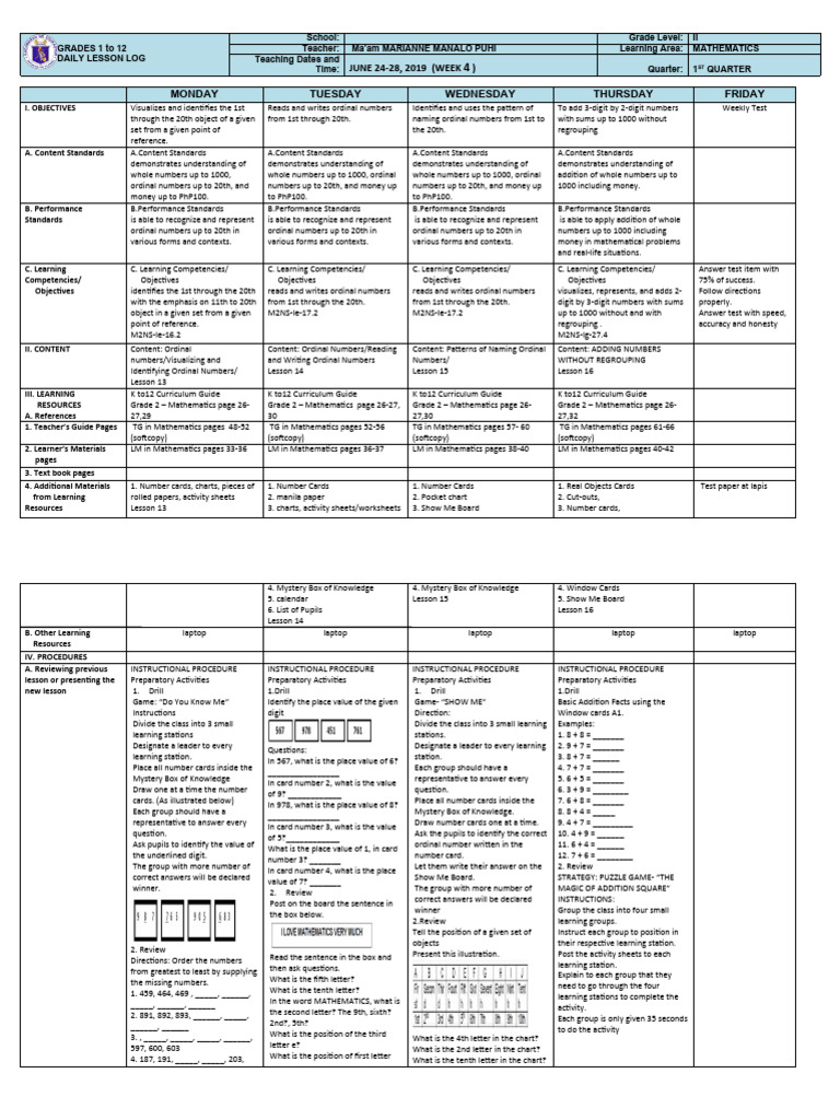 DLL Mathematics-2 Q1 W4 | PDF | Numbers | Curriculum