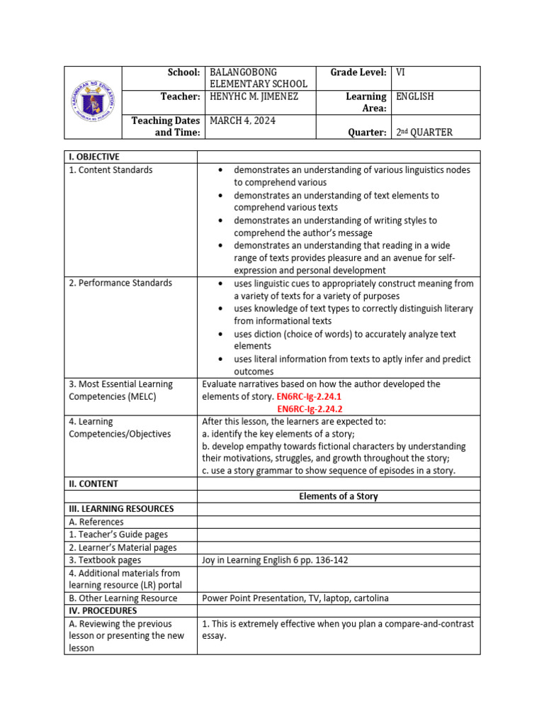 DLP in ENGLISH 6 | PDF | Plot (Narrative) | Learning