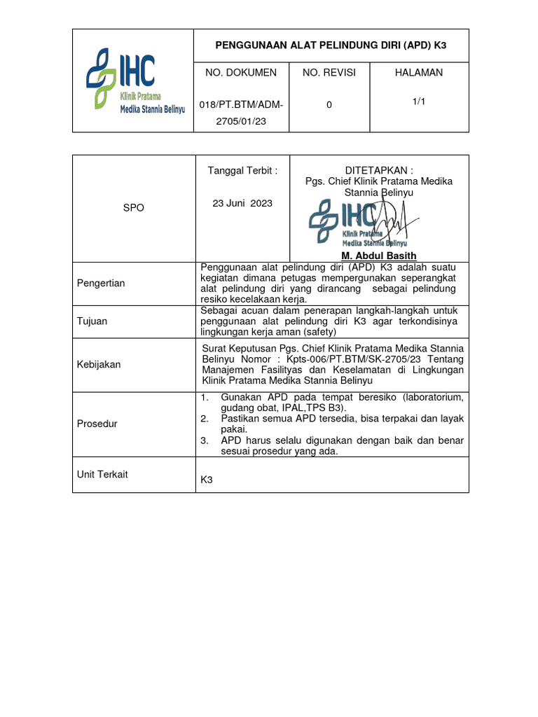 Panduan APD K3 di Klinik Medika | PDF