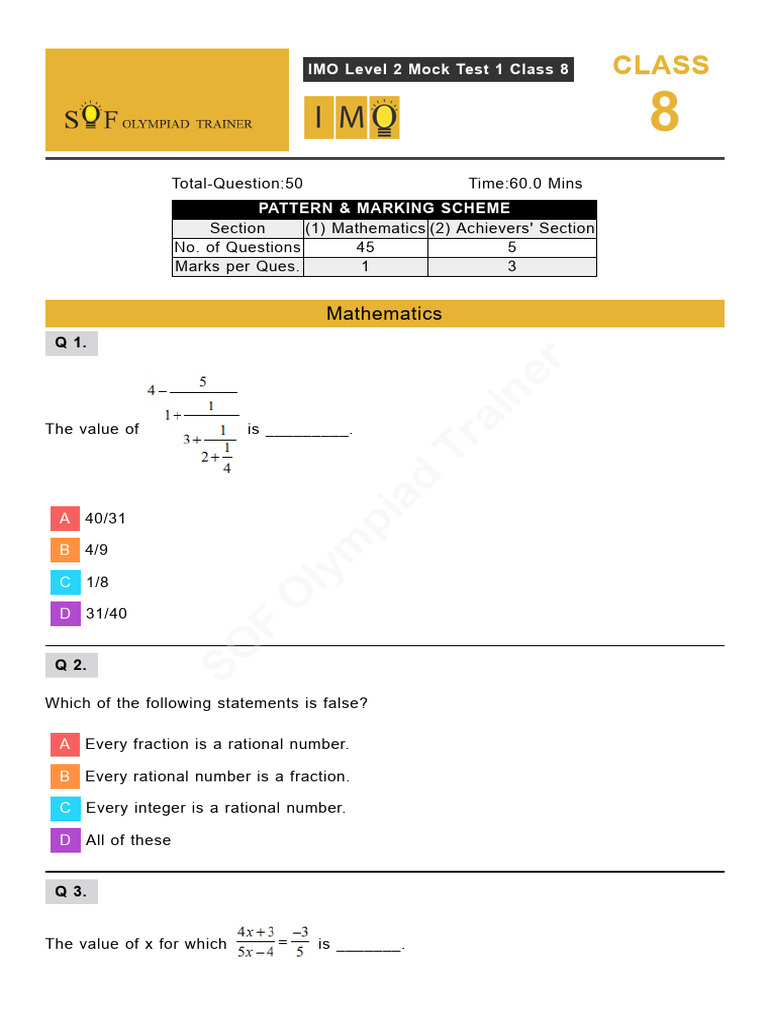 IMO Level2 Mock1 Class8 | PDF | Rectangle | Elementary Mathematics