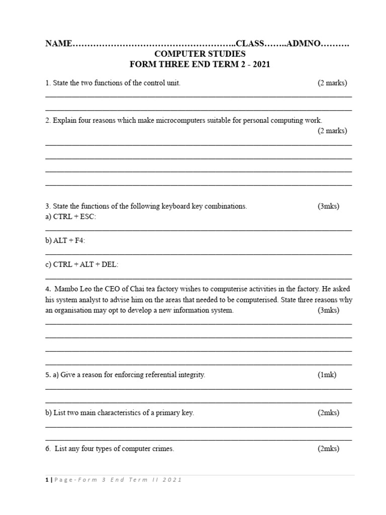 Computer Studies Exam Questions Form 3 | PDF | Computer File | Computer ...