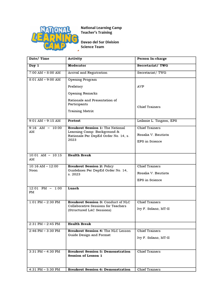 National Learning Camp Training Agenda | PDF