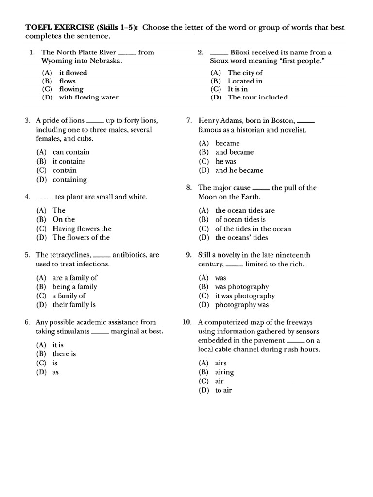 Latihan Structure TOEFL Skill 1-10 | PDF