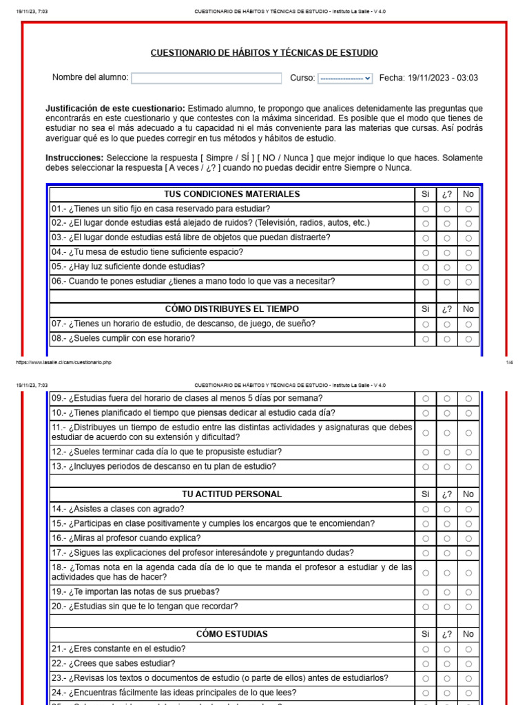 CUESTIONARIO DE HÁBITOS Y TÉCNICAS DE ESTUDIO - Instituto La Salle - V 4.0 | PDF | Cuestionario