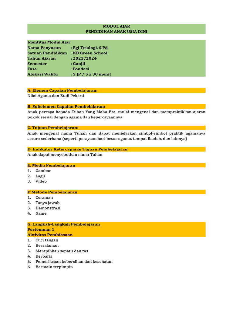 Modul Ajar PAUD: Mengenal Tuhan | PDF