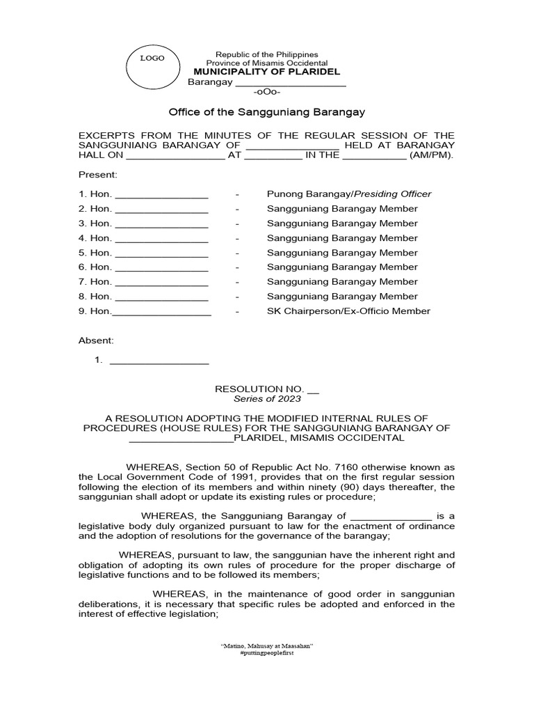 House Rules Sa Brgy IRP 2023 | PDF | Finance & Money Management | Politics