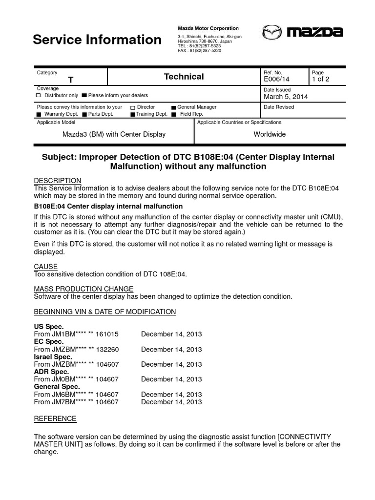 BM Improper Detection of DTC B108E 04 (Center Display Internal ...