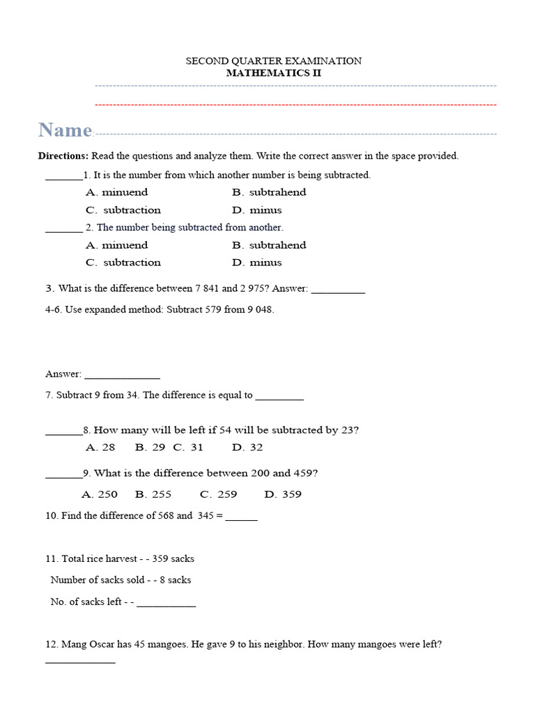 2nd Quarter Math 2 Exam TOS | Download Free PDF | Subtraction | Mathematics
