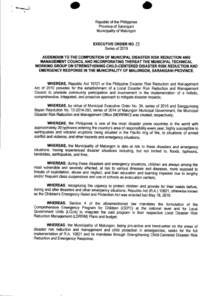 EO No. 22 S. 2019-Addendum To Composition of MDRRMC & TWG | PDF