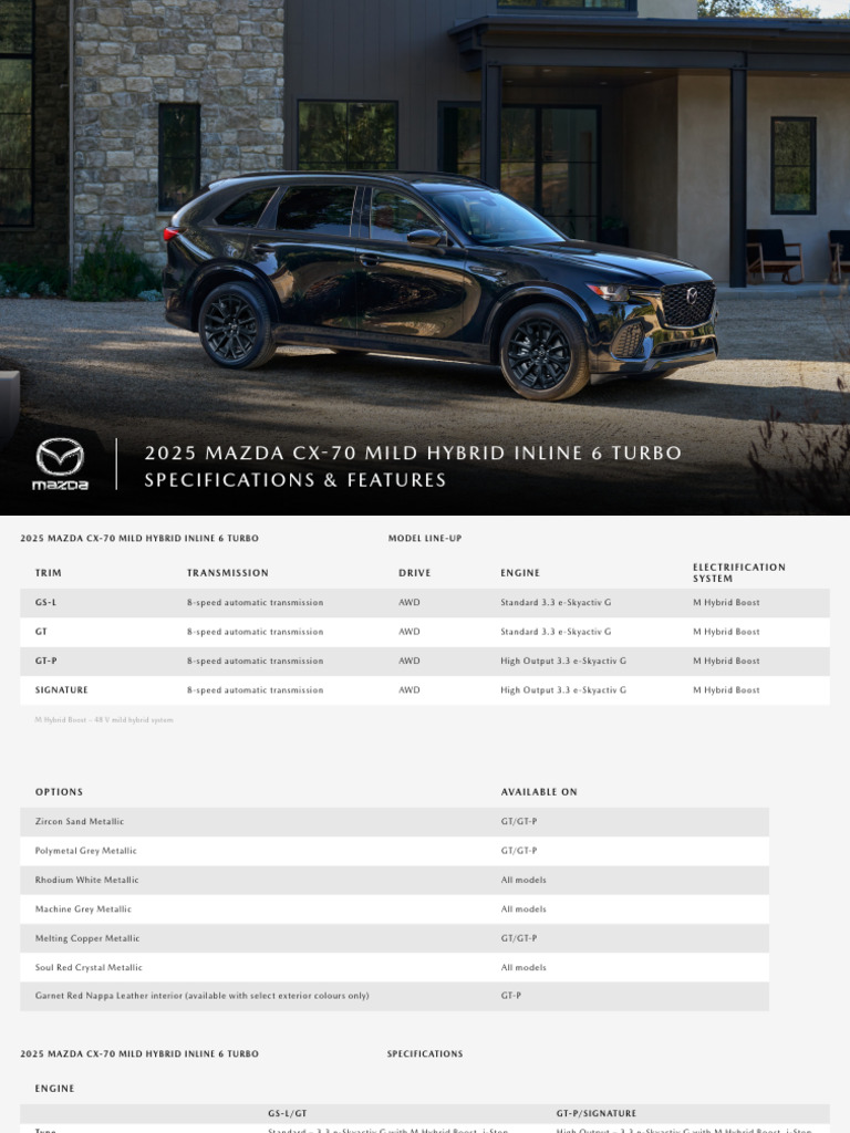 2025 Mazda CX 70 Mhev Specs en | Download Free PDF | Anti Lock Braking System | Hybrid Vehicle