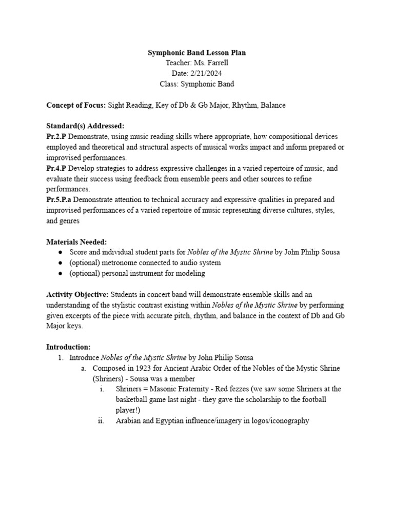 Symphonic Band Sight Reading Plan | PDF | Tempo | Rhythm