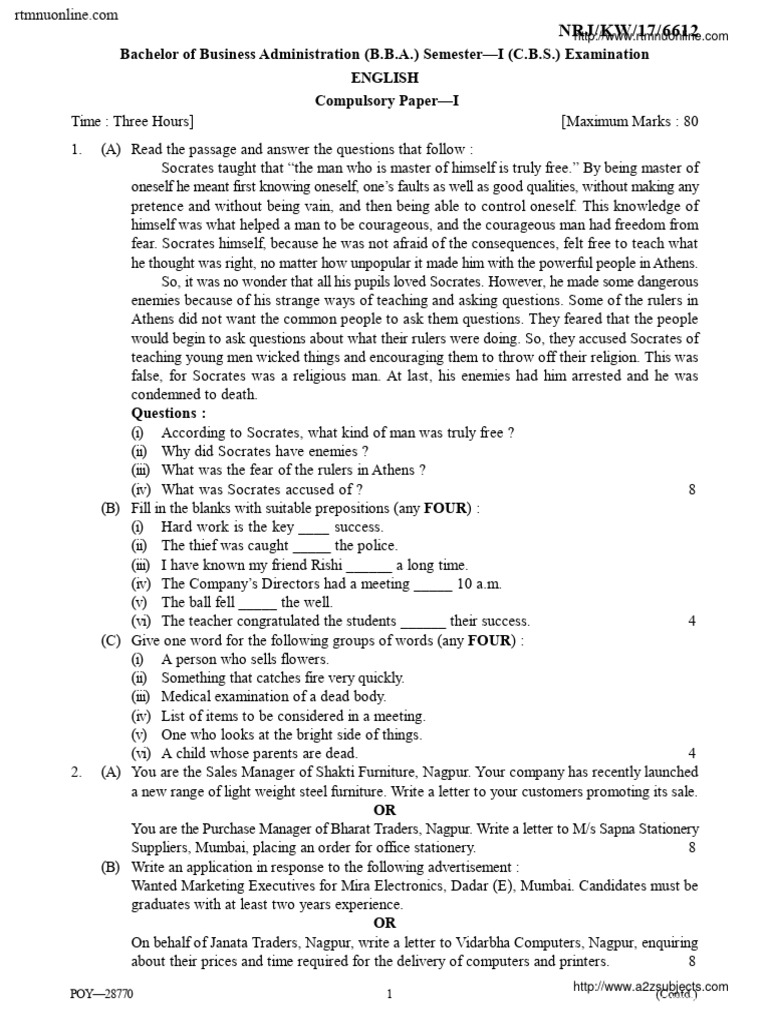 Bba 1 Sem English Paper 1 Winter 2017 | PDF | Socrates