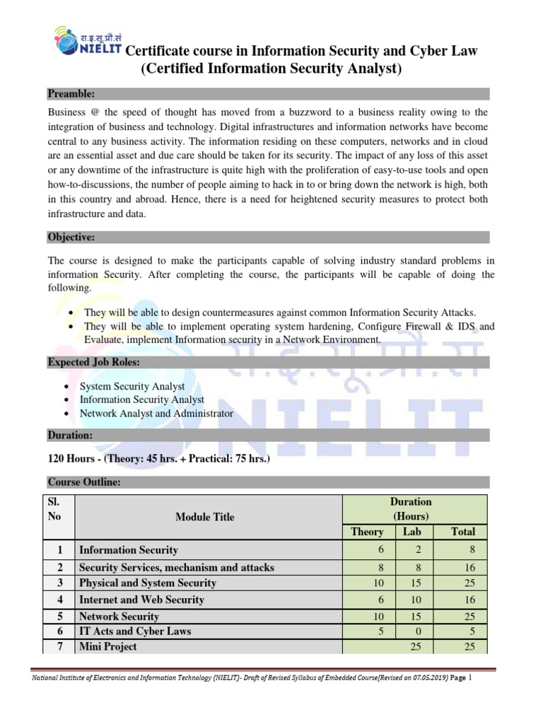 DRAFT Certificate Course in Information Security and Cyber Law-Rev4 | PDF