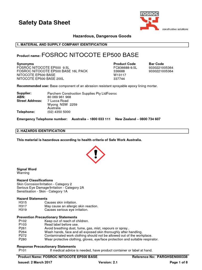 Fosroc Nitocote Ep500 Base-Aus Ghs | PDF
