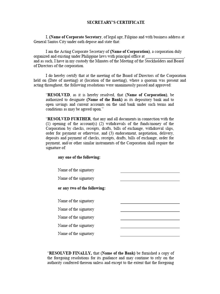 Corporate Secretary's Certificate Template | PDF | Signature ...