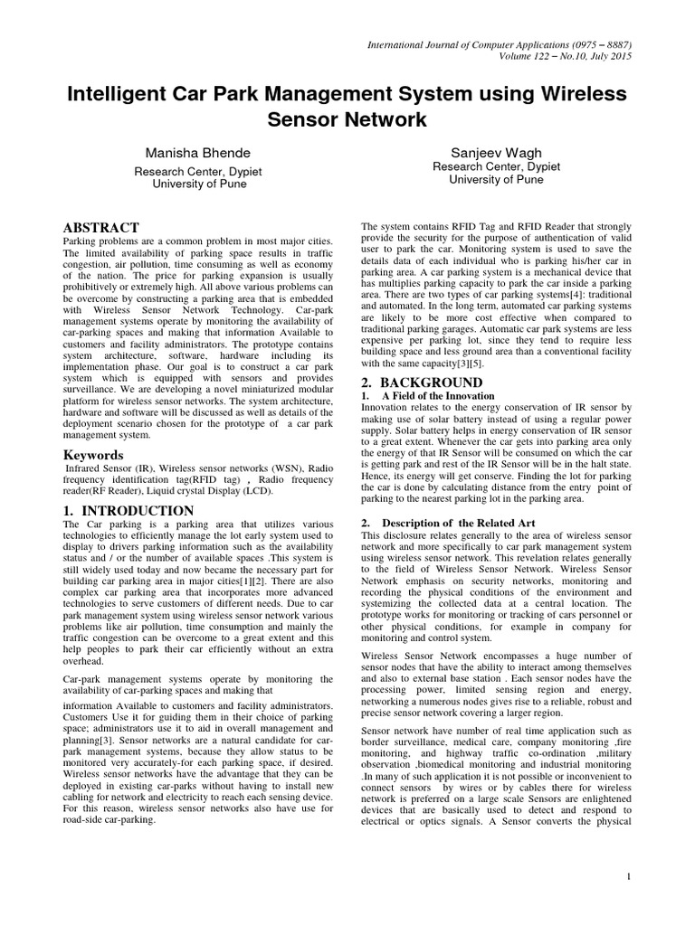 Intelligent Car Park Management System Using Wireless Sensor Network | PDF