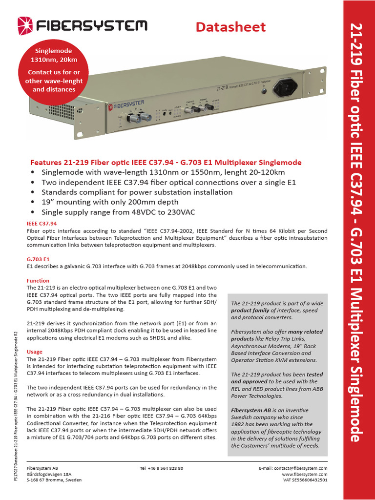 FS17027 Datasheet 21 219 Fiber Optic IEEE C37.94 G.703 E1 Multiplexer ...