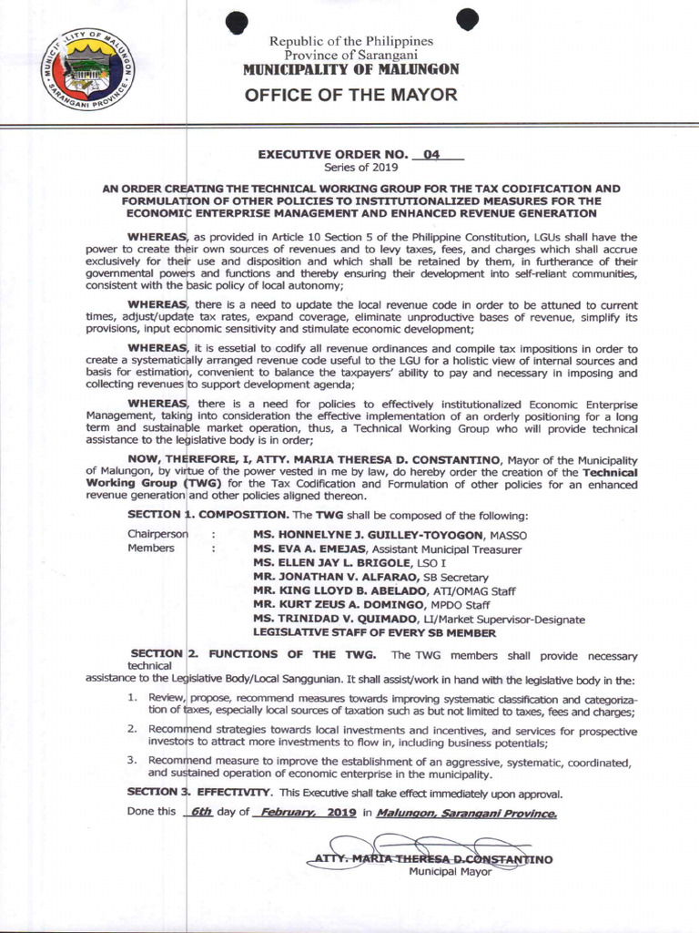 EO No. 4 S. 2019-Creating TWG For Tax Codification | PDF