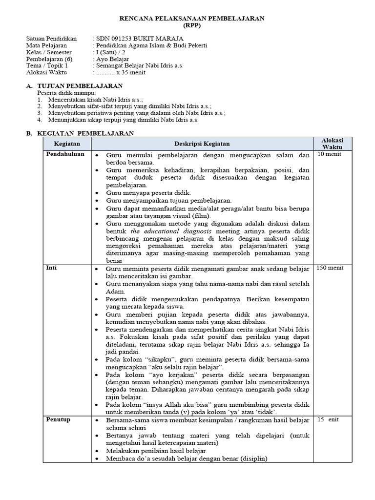 RPP Pai 1 Lembar Kelas 1 SM 2 k13 | PDF
