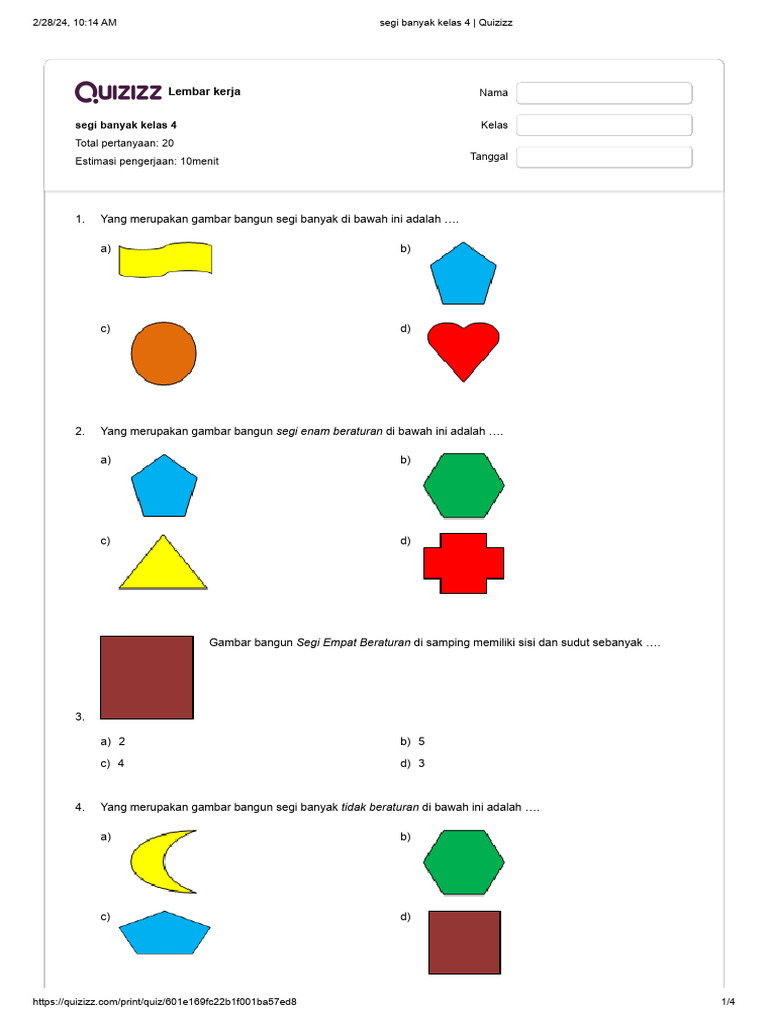 Kuis Segi Banyak untuk Kelas 4 | PDF