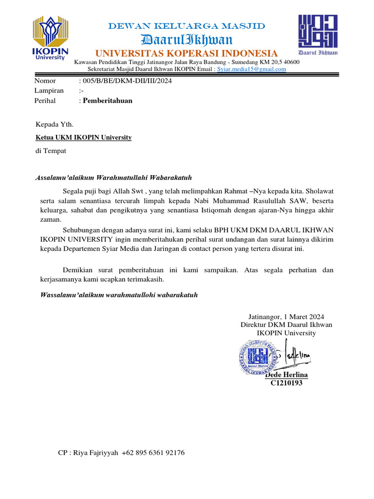 Contoh Penulisan Contact Person Surat | PDF