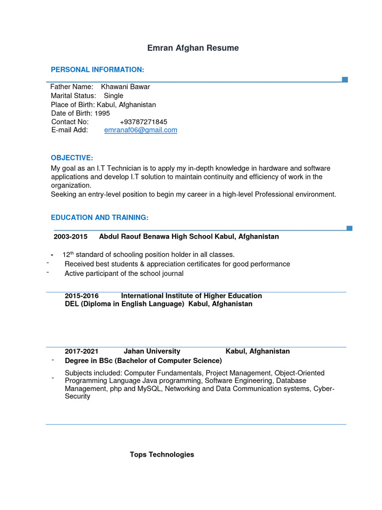 Emran Afghan Resume | PDF