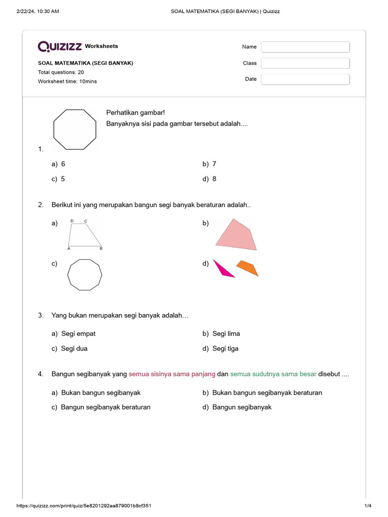 SOAL MATEMATIKA KELAS 4 (SEGI BANYAK) - Quizizz | PDF