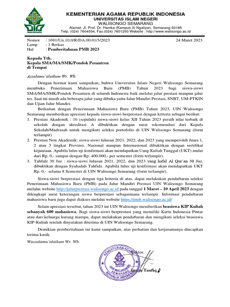 Surat Pemberitahuan PMB 2023 Ke Sekolah Baru | PDF