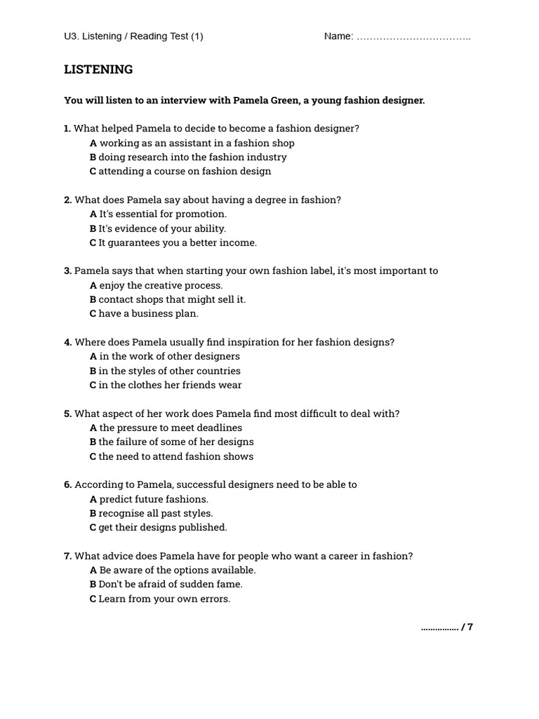 U3. Listening - Reading Test | PDF | Fashion | Clothing
