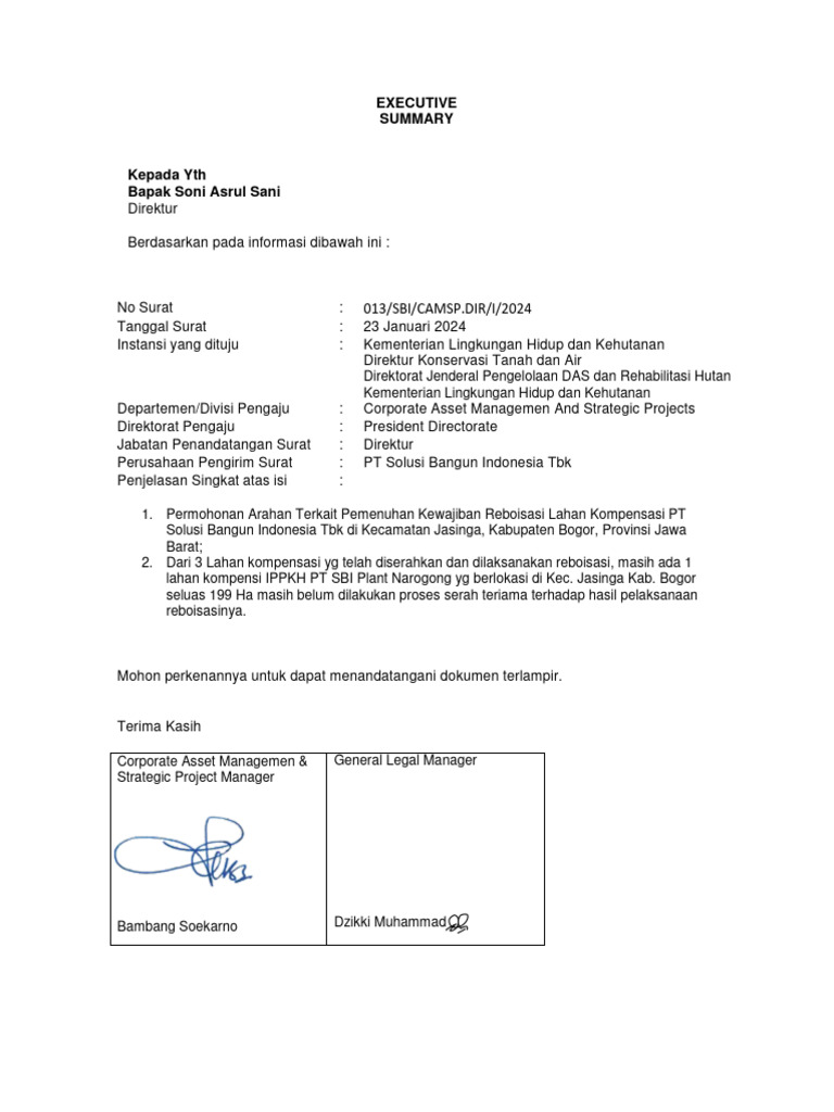 Executive Summary Approval - Surat Permohonan Arahan Reboisasi Lakom Jasin... | PDF