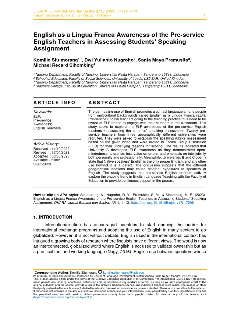 English as a Lingua Franca Awareness of the Pre-service English Teachers in Assessing Students ...