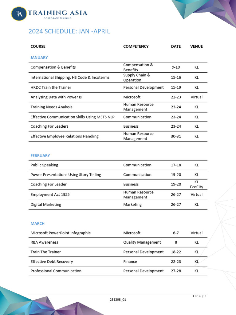 2024 Training Schedule: Jan-April Courses | PDF | Business Economics | Economies