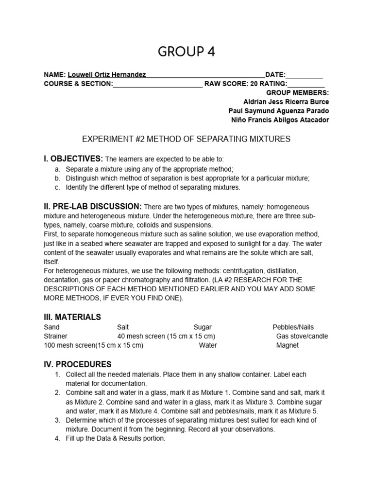 Experiment 2 Method of Separating Mixturesl | PDF | Mixture | Chemical Substances