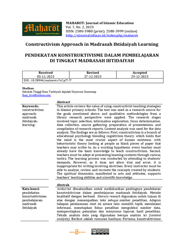 Pendekatan Konstruktivisme Dalam Pembelajaran Di Tingkat Madrasah Ibtidaiyah | Download Free PDF ...