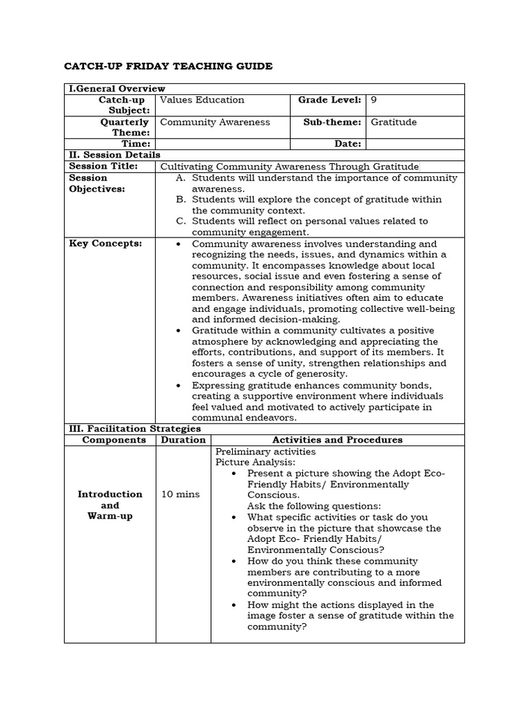 CATCH Up FRIDAY TEACHING GUIDE VALUES EDUC. GRATITUDE | PDF | Community ...