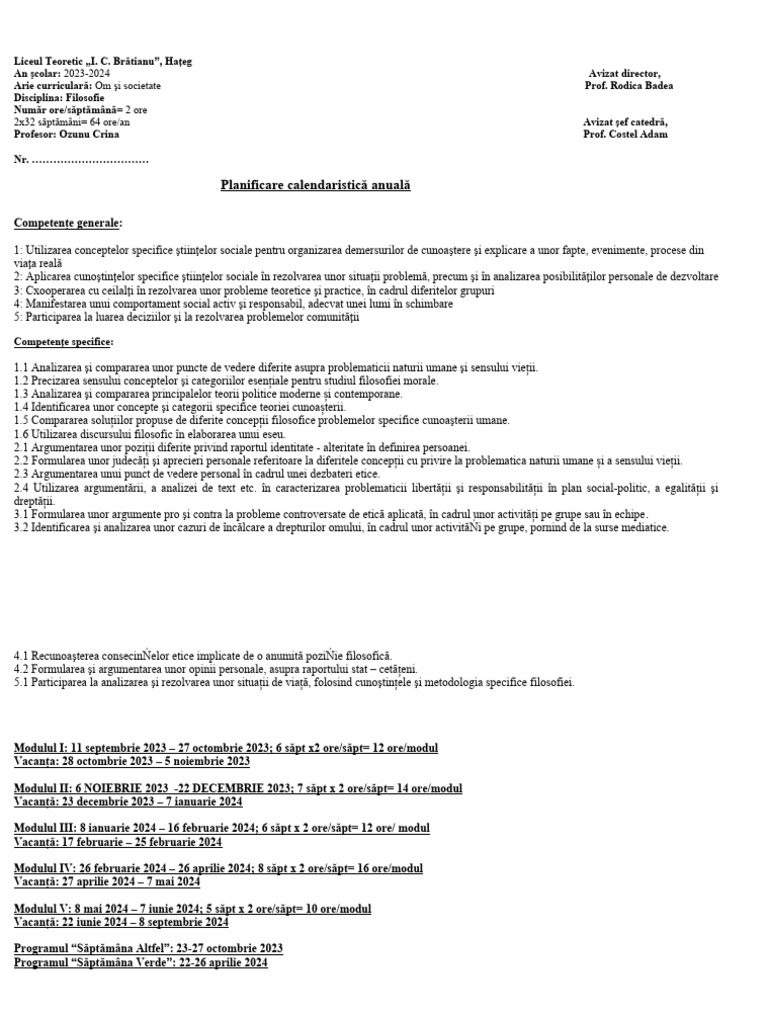 Planificare Filosoie Hațeg | PDF