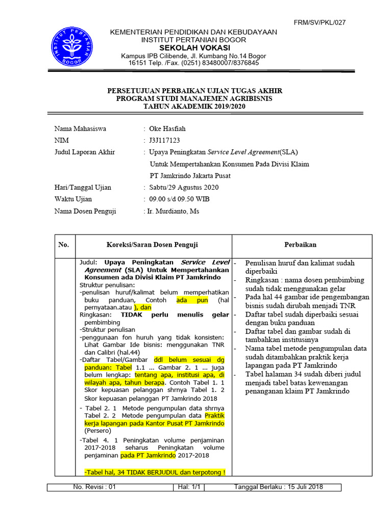 CATATAN SIDANG OKE FORM PKL 027 - Oke Hasfiah - J3J117123 CATATAN SIDANG 29 AGT | PDF | Karier ...