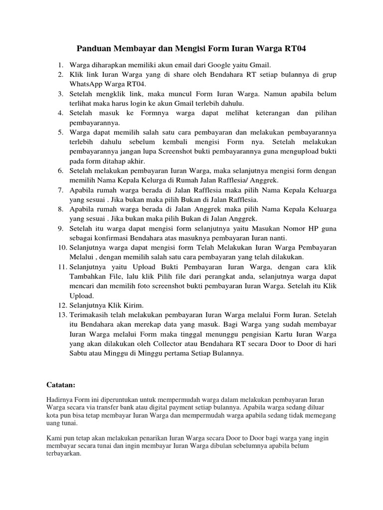 Panduan Membayar Dan Mengisi Form Iuran Warga RT04 | PDF