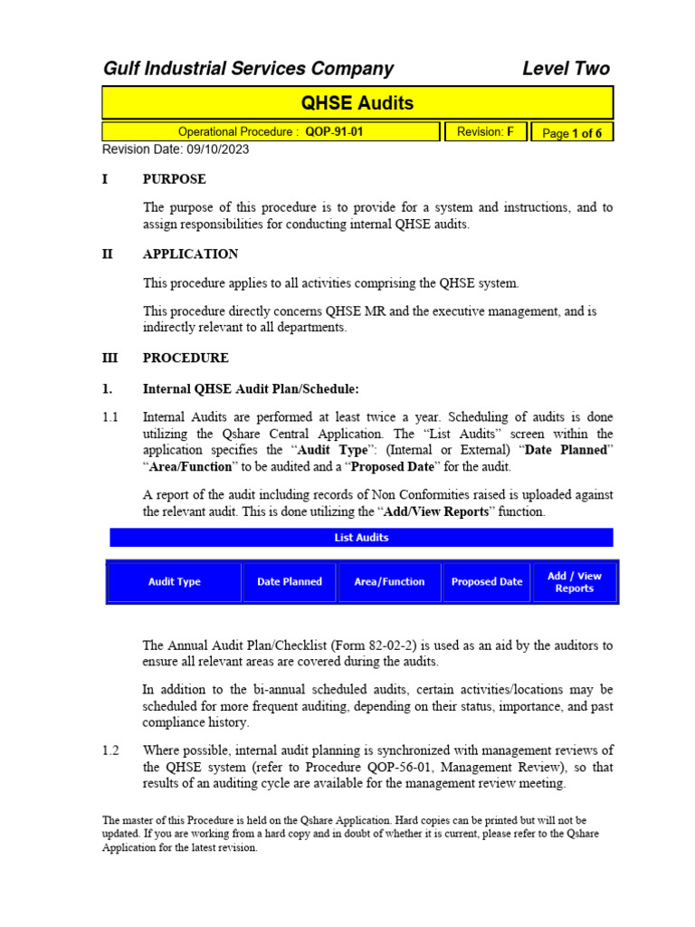 GISCO QHSE Internal Audit Procedure | PDF